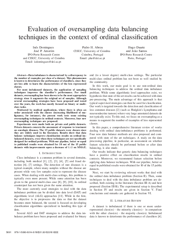 Pdf Evaluation Of Oversampling Data Balancing Techniques In The Context Of Ordinal Classification
