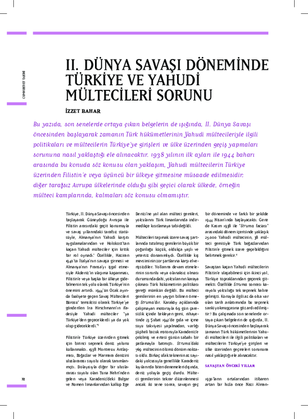(PDF) II. DÜNYA SAVAŞI DÖNEMİNDE TÜRKİYE VE YAHUDİ MÜLTECİLERİ SORUNU