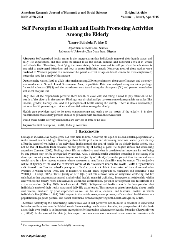 (PDF) Self Perception of Health and Health Promoting Activities Among ...