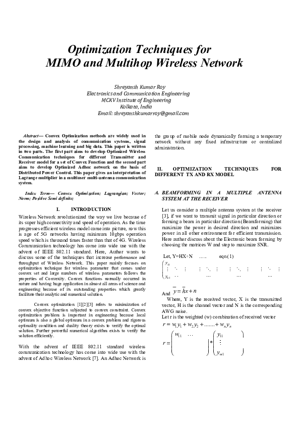 (PDF) Optimization Techniques for MIMO and Multihop Wireless Network