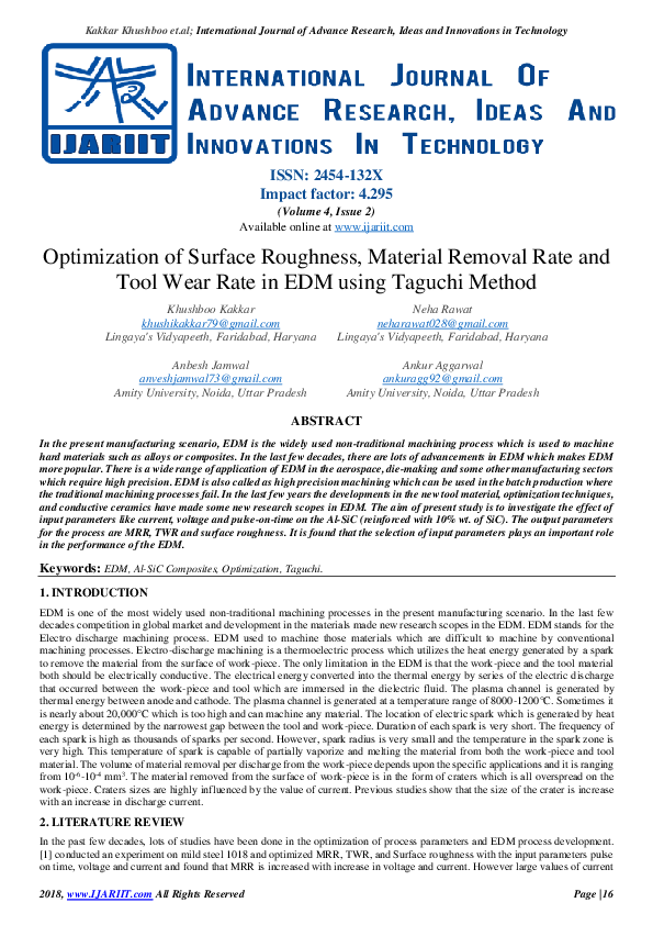 (PDF) Optimization of Surface Roughness, Material Removal Rate and Tool Wear Rate in EDM using ...