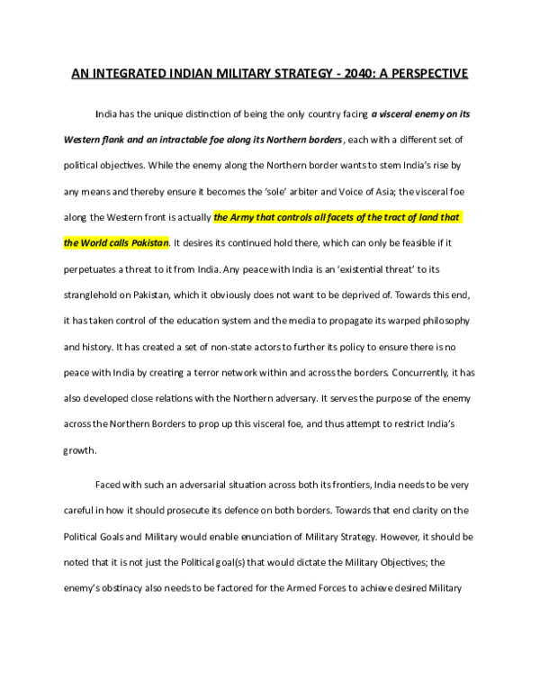 (DOC) AN INTEGRATED INDIAN MILITARY STRATEGY - 2040 A PERSPECTIVE