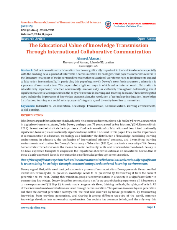 (PDF) The Educational Value of knowledge Transmission Through ...