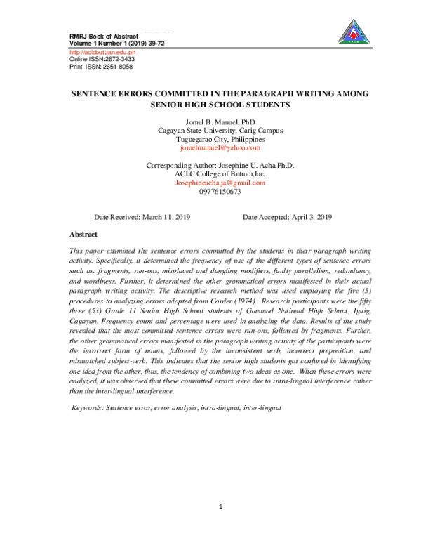 (DOC) SENTENCE ERRORS COMMITTED IN THE PARAGRAPH WRITING AMONG SENIOR ...