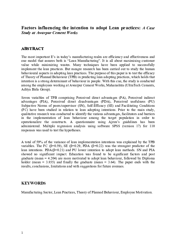 (PDF) Factors influencing the intention to adopt Lean practices: A Case ...
