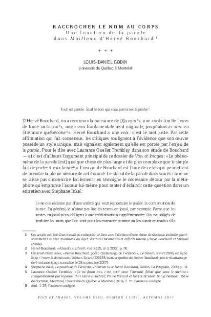 (PDF) Raccrocher le nom au corps. Une fonction de la parole dans ...