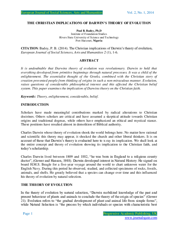 (PDF) THE CHRISTIAN IMPLICATIONS OF DARWIN'S THEORY OF EVOLUTION