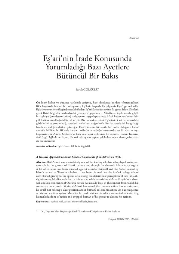 (PDF) A Holistic Approach to Some Koranic Comments of al-Ash’ari on Will.