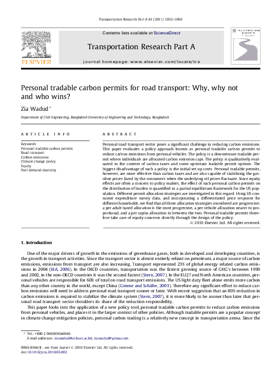 (PDF) Personal tradable carbon permits for road transport: Why, why not ...