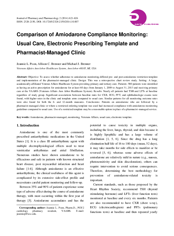 (PDF) Comparison of Amiodarone Compliance Monitoring: Usual Care ...