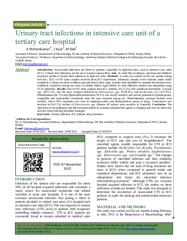 (PDF) Urinary tract infections in intensive care unit of a Tertiary ...