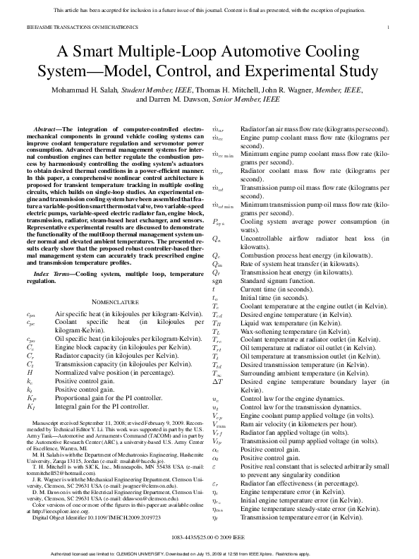 (PDF) A Smart Multiple-Loop Automotive Cooling System Model, Control ...