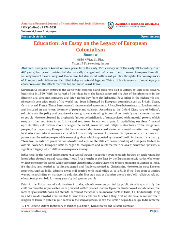(PDF) Education: An Essay on the Legacy of European Colonialism