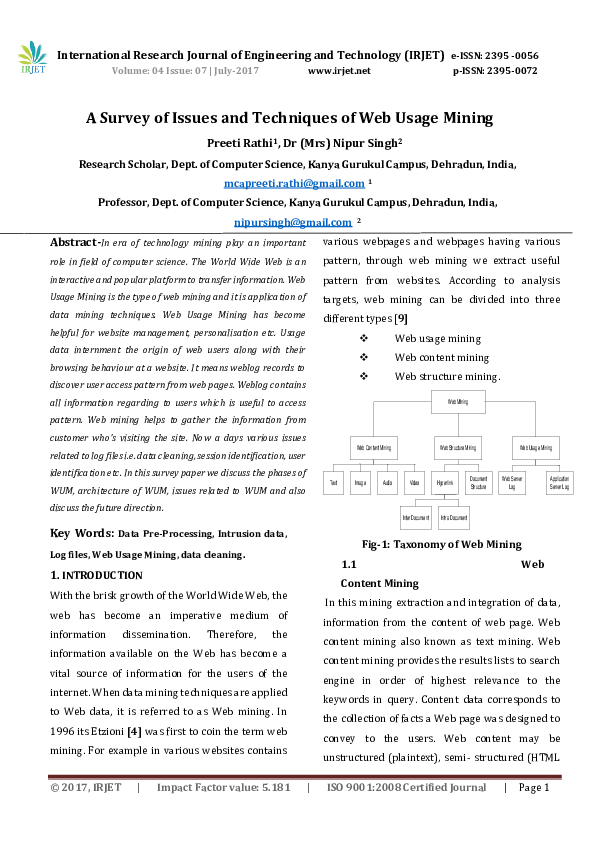(PDF) A Survey of Issues and Techniques of Web Usage Mining
