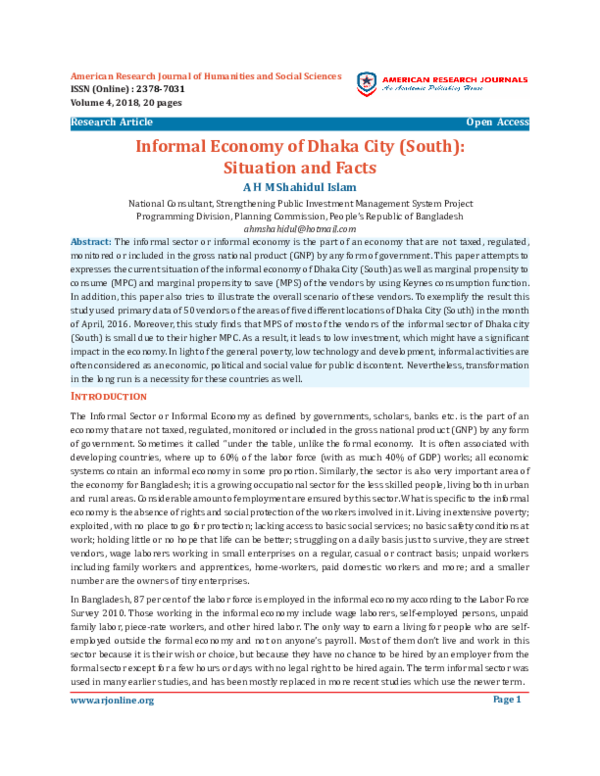 (PDF) Informal Economy of Dhaka City (South): Situation and Facts ...