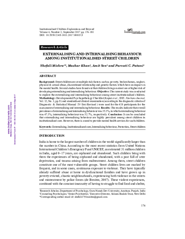 (PDF) EXTERNALISING AND INTERNALISING BEHAVIOUR AMONG INSTITUTIONALISED ...