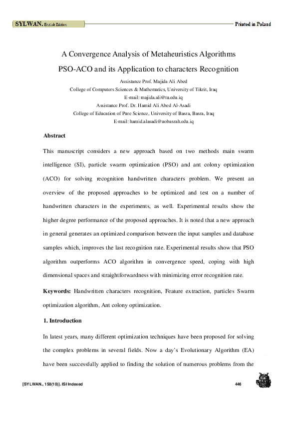 (PDF) A Convergence Analysis of Metaheuristics Algorithms PSO-ACO and its Application to ...