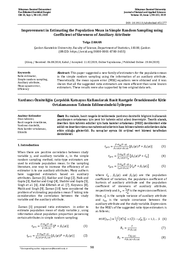 (PDF) Improvement in Estimating the Population Mean in Simple Random Sampling using