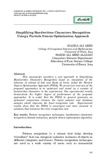 (PDF) Simplifying Handwritten Characters Recognition Using a Particle Swarm Optimization Approach