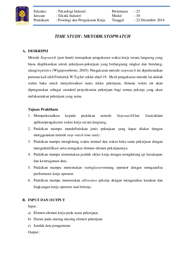 (PDF) TIME STUDY: METODE STOPWATCH