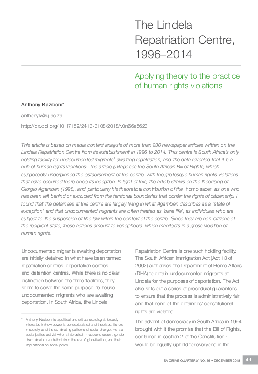 (PDF) The Lindela Repatriation Centre, 1996–2014: Applying theory to ...