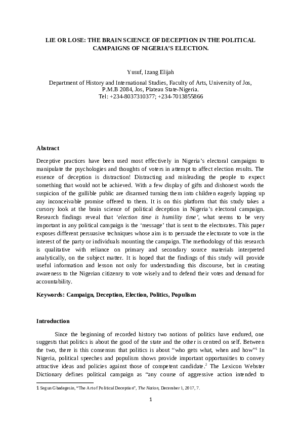 (PDF) LIE OR LOSE: THE BRAIN SCIENCE OF DECEPTION IN THE POLITICAL ...