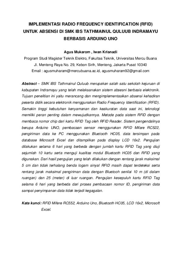 (PDF) IMPLEMENTASI RADIO FREQUENCY IDENTIFICATION (RFID) UNTUK ABSENSI DI SMK IBS TATHMAINUL ...
