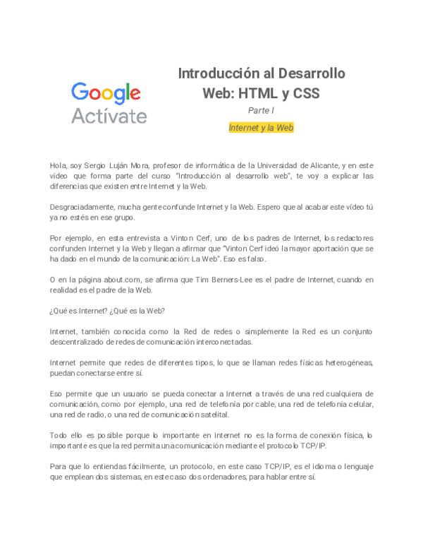 (PDF) Introducción al Desarrollo Web: HTML y CSS Parte I Internet y la Web
