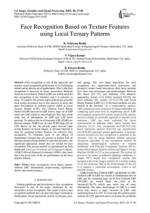 Pdf Face Recognition Based On Texture Features Using Local Ternary Patterns Dr
