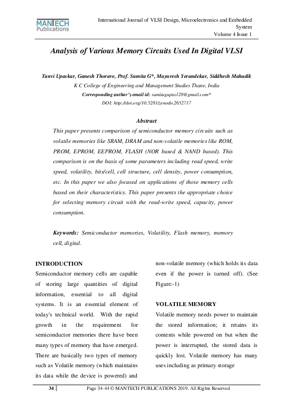 (PDF) Analysis of Various Memory Circuits Used In Digital VLSI