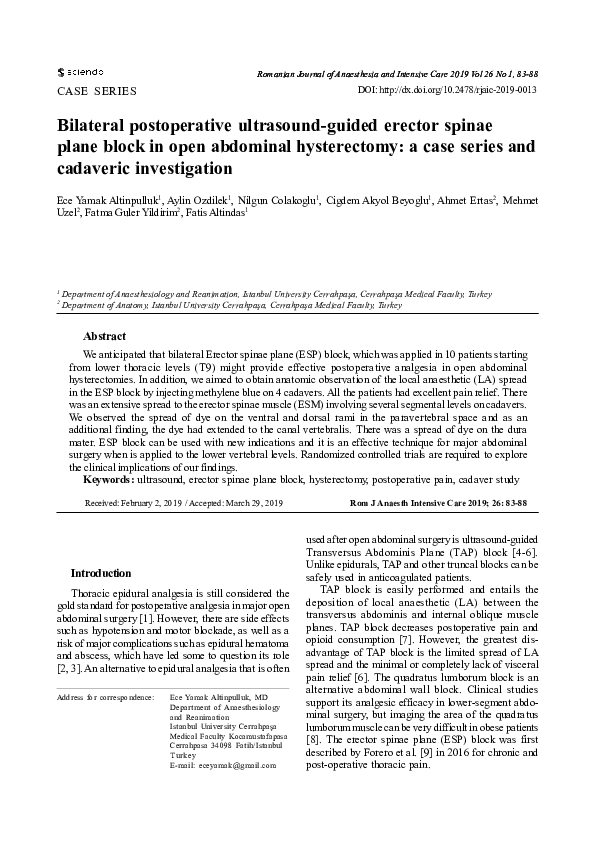 (PDF) ESP block in abdominal hysterectomy and cadaveric investigation ...