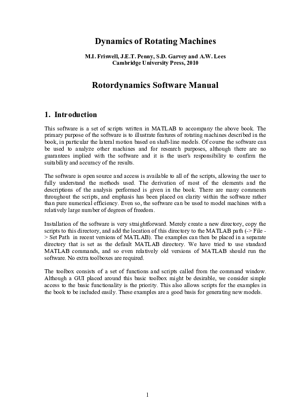 (PDF) Dynamics of Rotating Machines Rotordynamics Software Manual