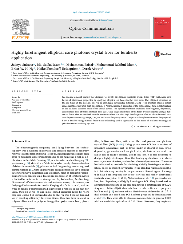 (PDF) Optics Communications Highly birefringent elliptical core photonic crystal fiber for ...