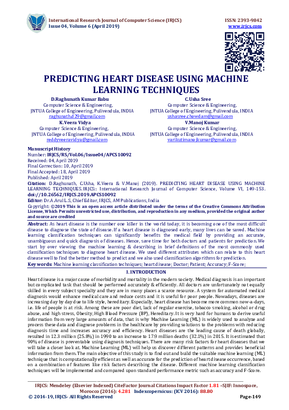 (PDF) PREDICTING HEART DISEASE USING MACHINE LEARNING TECHNIQUES