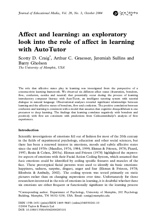 (PDF) Affect and learning: an exploratory look into the role of affect ...