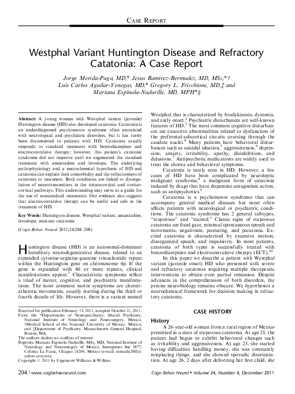 (PDF) Westphal Variant Huntington Disease and Refractory Catatonia: A ...