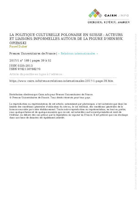 (PDF) La politique culturelle polonaise en Suisse : acteurs et liaisons ...