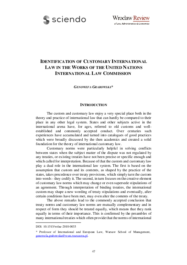 (PDF) IDENTIFICATION OF CUSTOMARY INTERNATIONAL LAW IN THE WORKS OF THE ...