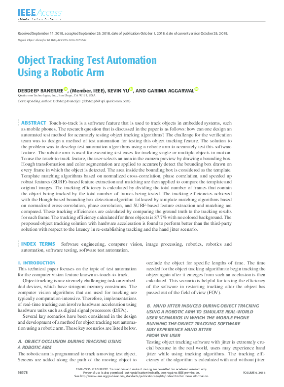 (PDF) Object Tracking Test Automation Using a Robotic Arm
