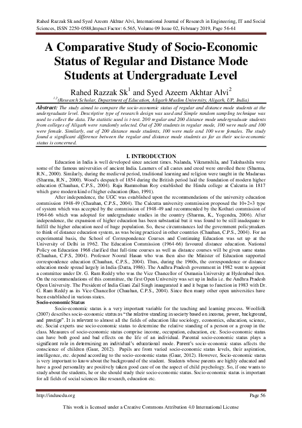 (PDF) A Comparative Study of Socio-Economic Status of Regular and ...