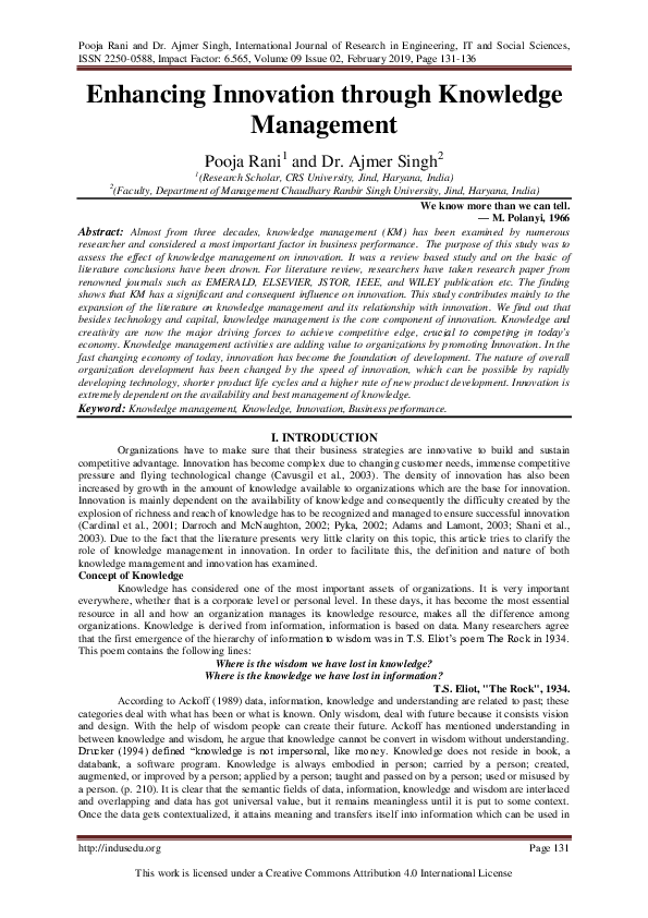 (PDF) Enhancing Innovation through Knowledge Management