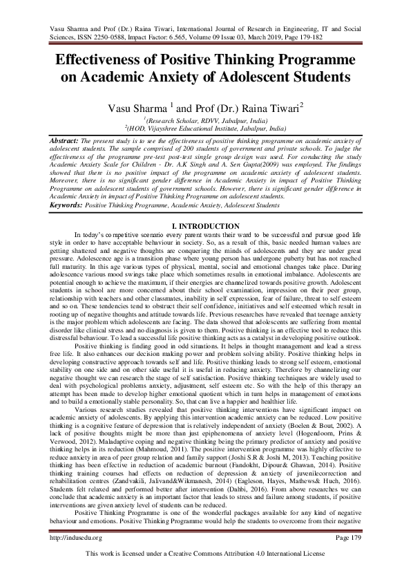 (PDF) Effectiveness of Positive Thinking Programme on Academic Anxiety ...