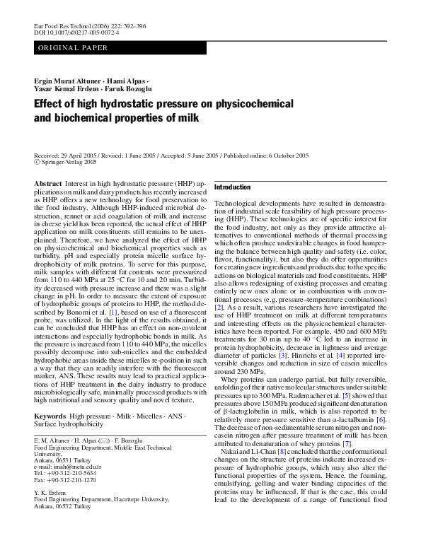 (PDF) Effect of high hydrostatic pressure on physicochemical and biochemical properties of milk