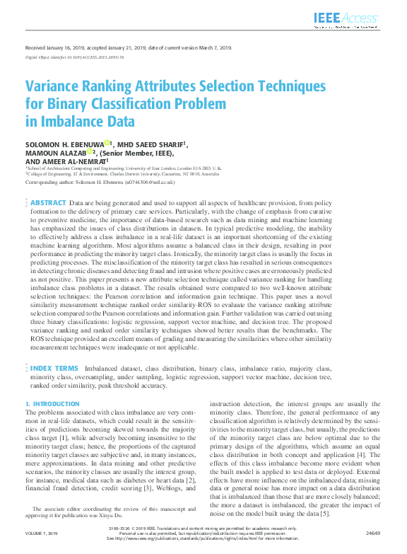 Pdf Variance Ranking Attributes Selection Techniques For Binary Classification Problem In