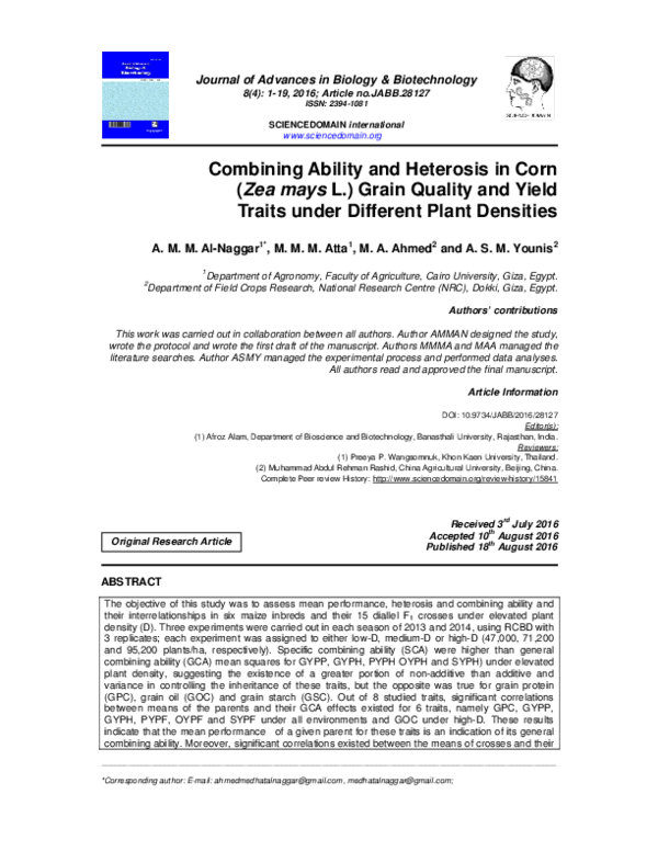 (PDF) Combining Ability and Heterosis in Corn (Zea mays L.) Grain ...