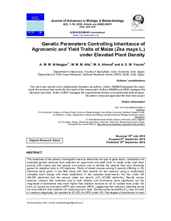 Pdf Genetic Parameters Controlling Inheritance Of Agronomic And Yield
