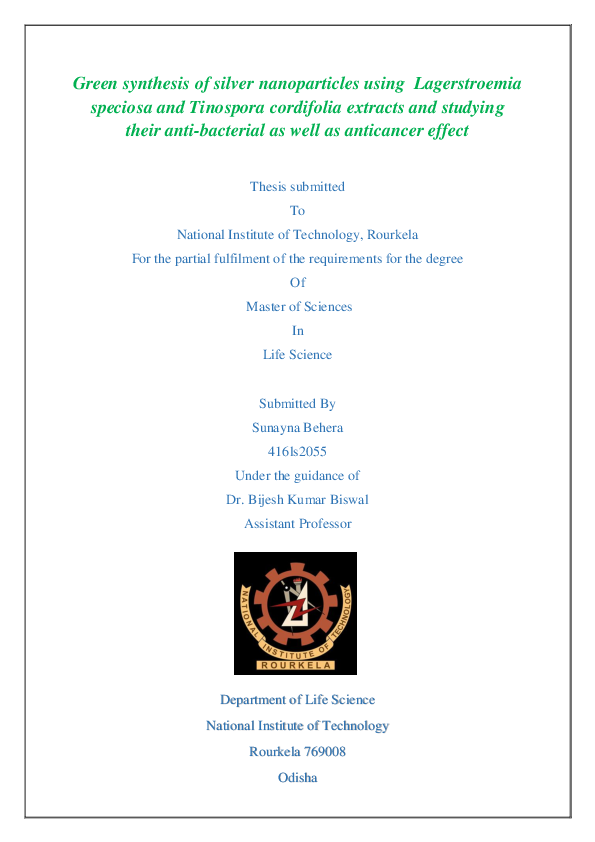(PDF) Green synthesis of silver nanoparticles using Lagerstroemia speciosa and Tinospora ...