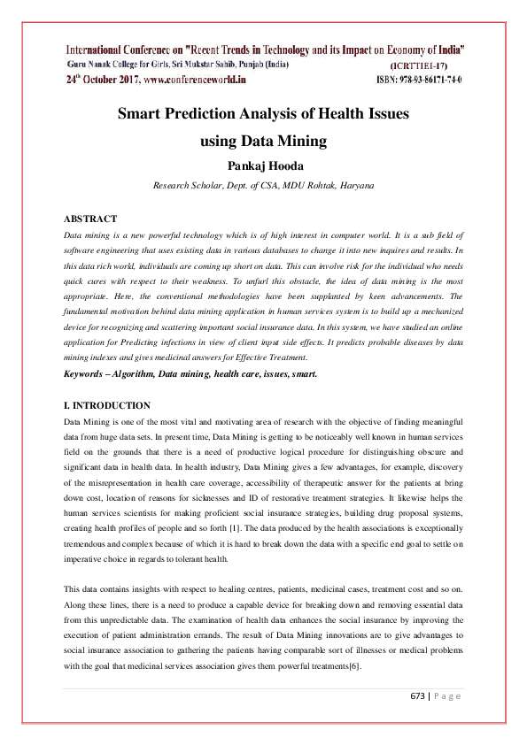 Pdf Smart Prediction Analysis Of Health Issues Using Data Mining Abhishek Mishra