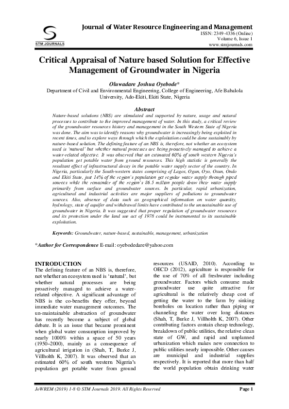 (PDF) Journal of Water Resource Engineering and Management Critical ...