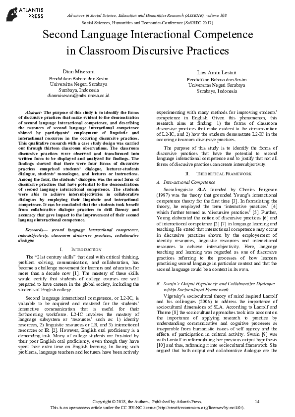 (PDF) Second Language Interactional Competence in Classroom Discursive ...